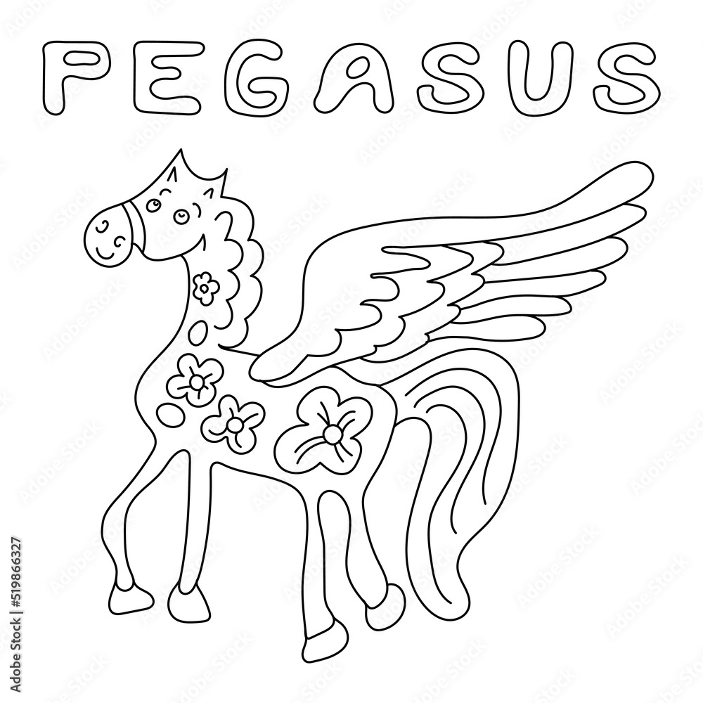 Pegasus, a simple coloring book for kids, hand-drawn. For teaching and developing fine motor ...