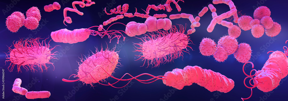 Different shapes and types of bacteria flowing, germs, dirt, lack of ...