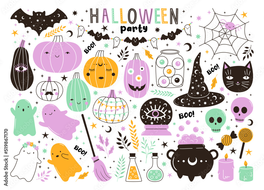 Vector collection of cute pastel halloween doodles. Hand drawn magic ...