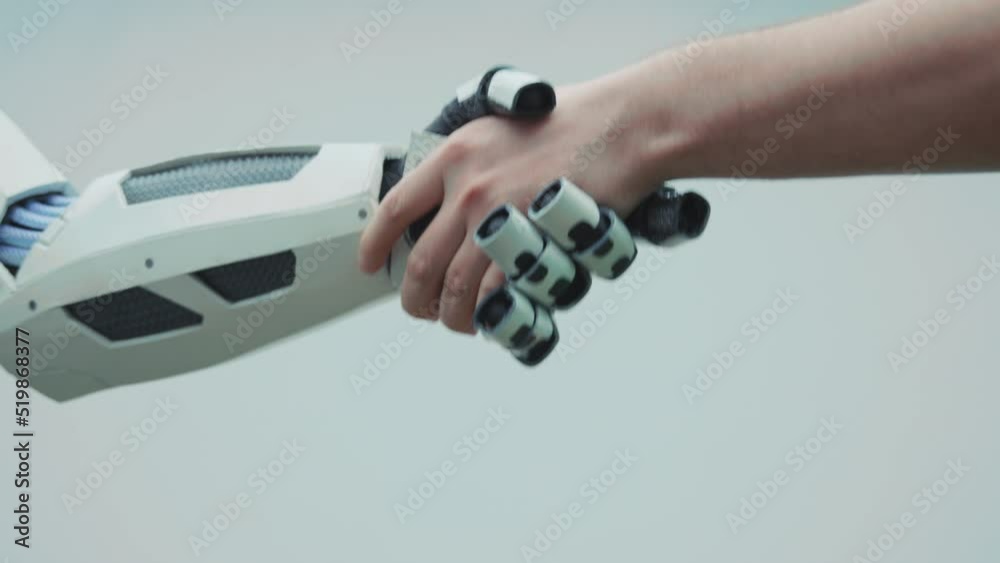 Robot and human handshake on white background. Cyber communication ...