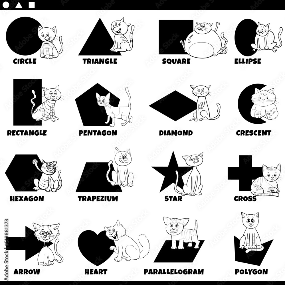 basic geometric shapes with comic cats coloring page Stock Vector ...