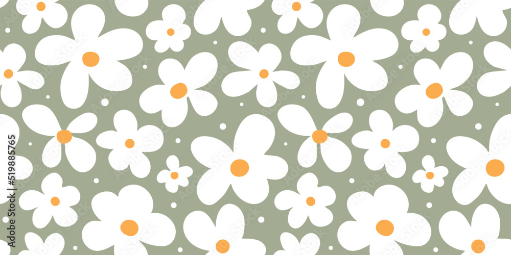 Spring daisies floral retro pattern. Daisy flowers on olive sage green ...