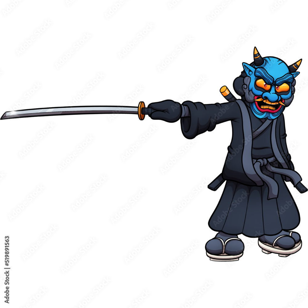 Cartoon Japanese warrior with blue oni mask. Vector clip art ...