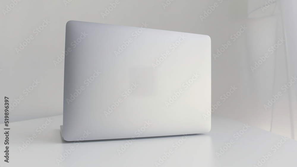 Rear view of a white laptop isolated on white background. Action ...