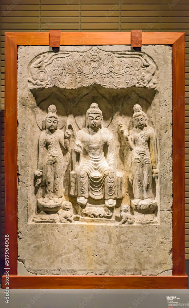 TOKYO, JAPAN - JUL 21, 2022: Buddhist Triad in a Niche of the Baoqingsi ...