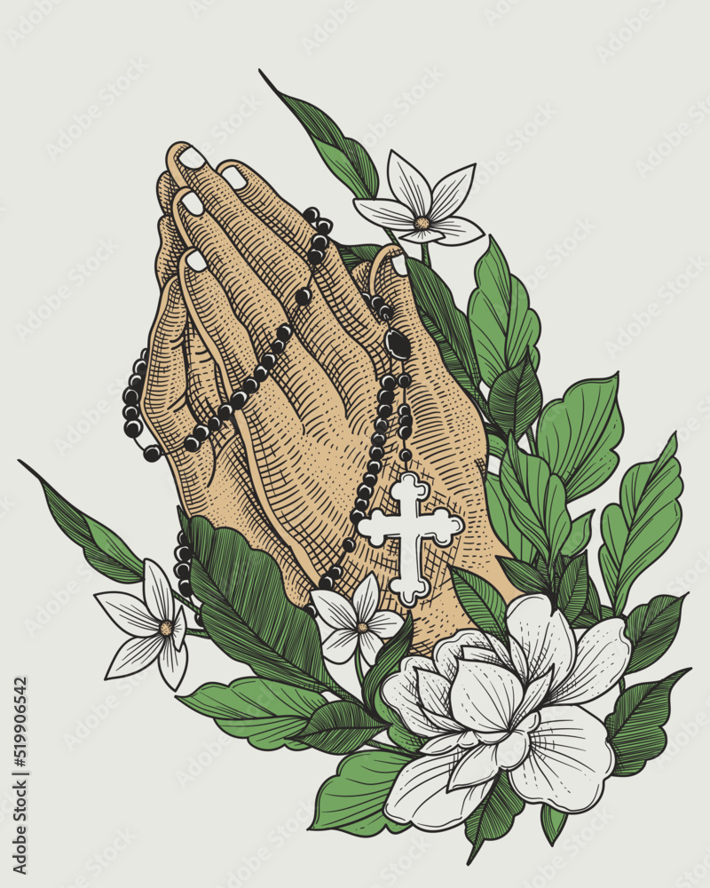 praying hands with a rosary necklace and floral ornament Stock Vector ...