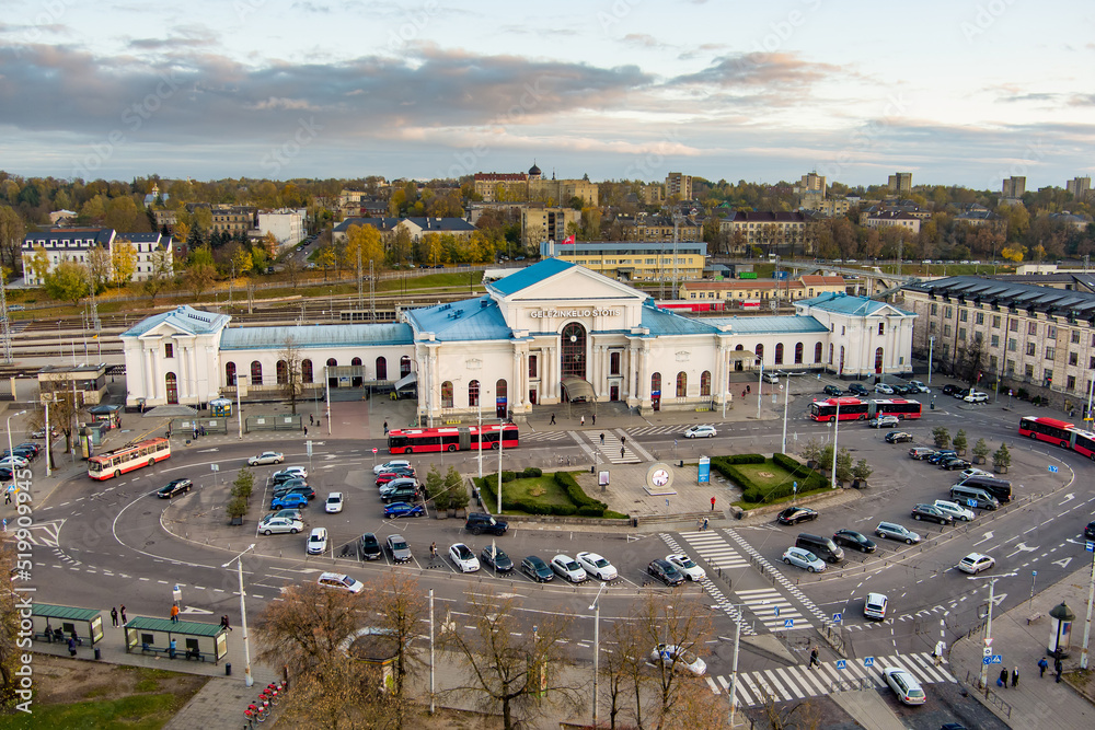 Aerial view of Vilnius train station and a roundabout in front of it ...
