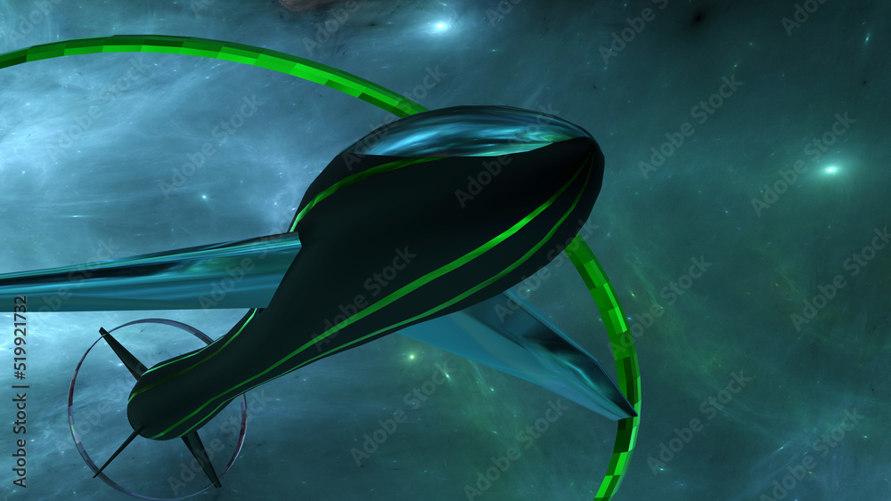 Glitter space ship glass cockpit and its reflection with blue green ...