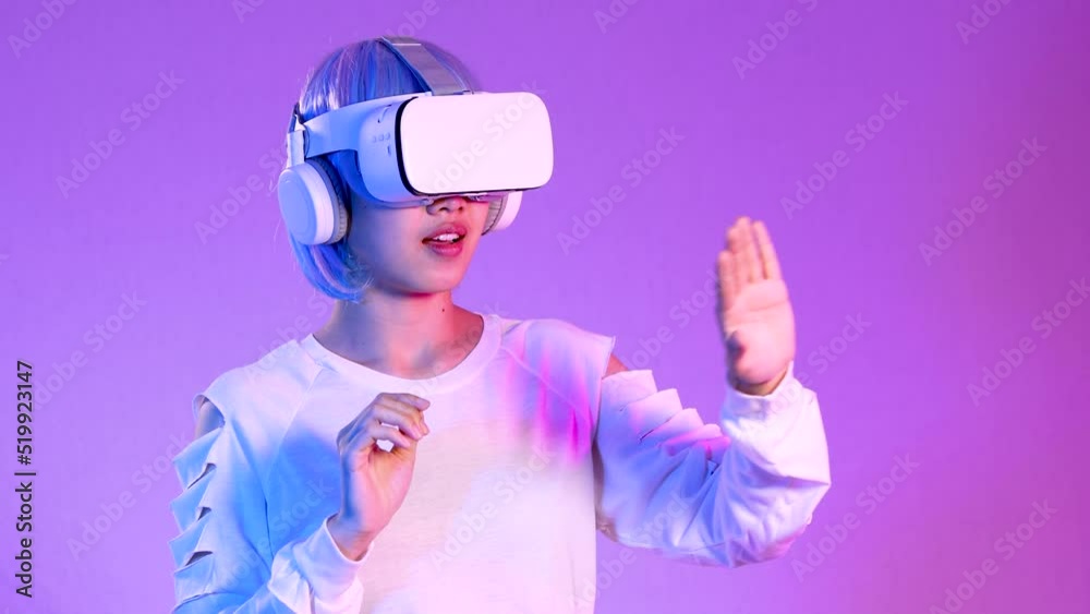 Metaverse concept, young asian woman short silver hair wearing white vr ...