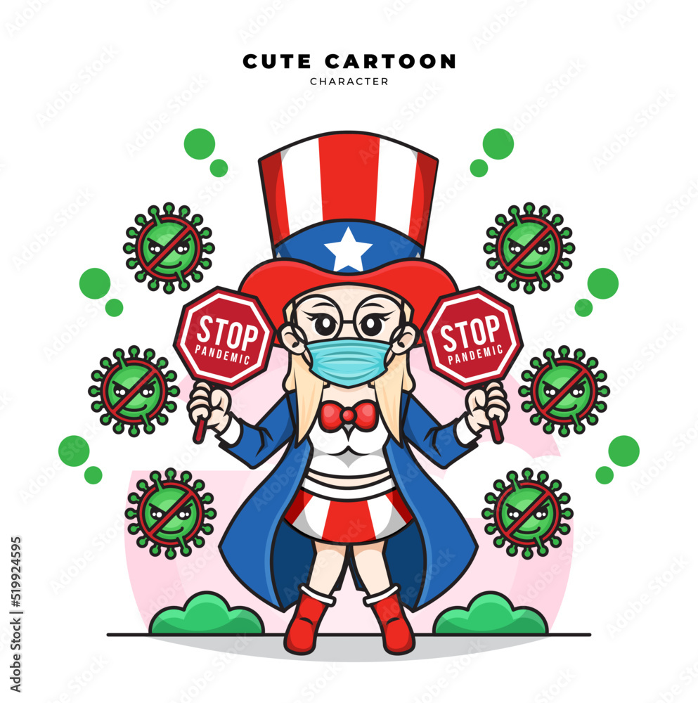 Cute cartoon character of aunt sam is holding stop pandemic covid-19 ...