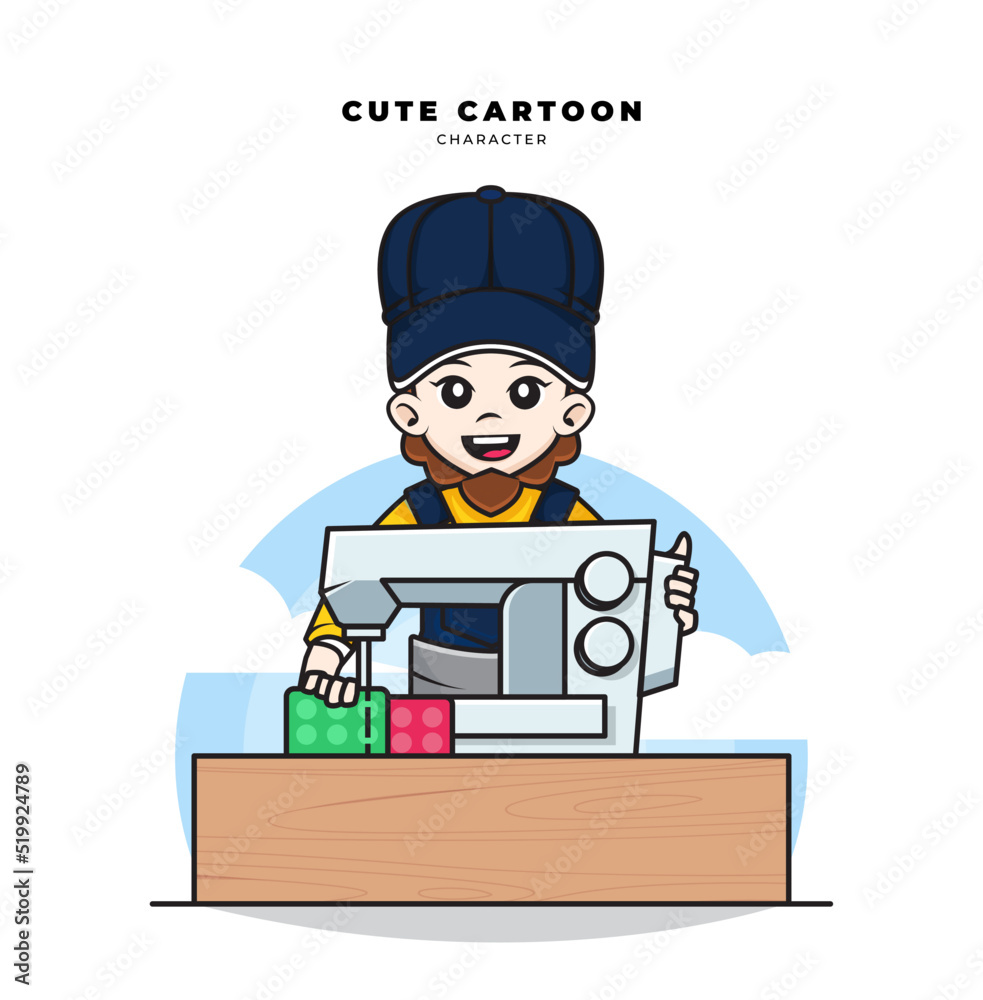 Cute cartoon character of labor man is sewing Stock Vector | Adobe Stock