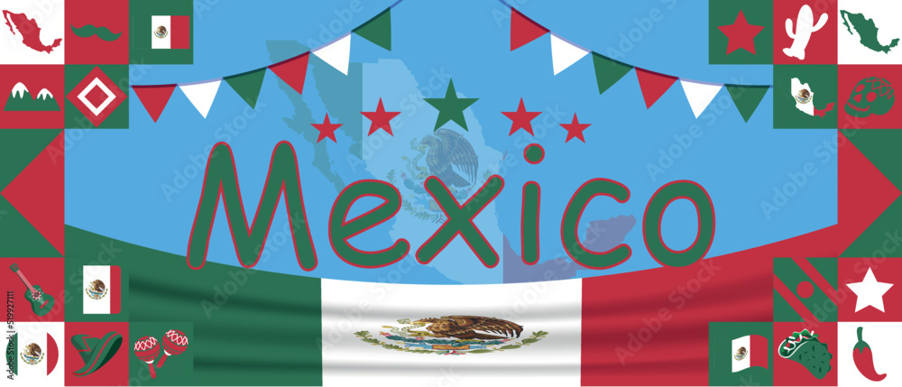 Mexico banner with map and flag. National day or Mexico independence ...
