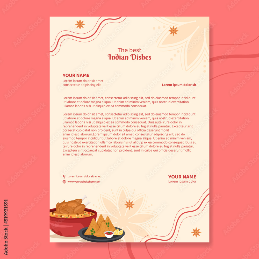 Indian Food Restaurant Letterhead Template Flat Cartoon Background ...