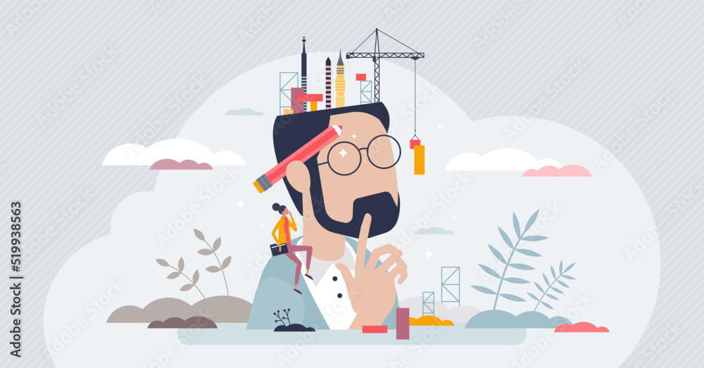 Engineering vision and technological mindset skills tiny person concept ...