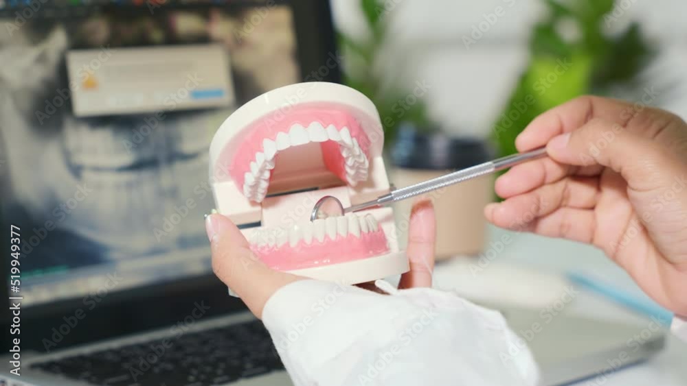 Oral dental hygiene. Dentist healthy white tooth model and explorer ...