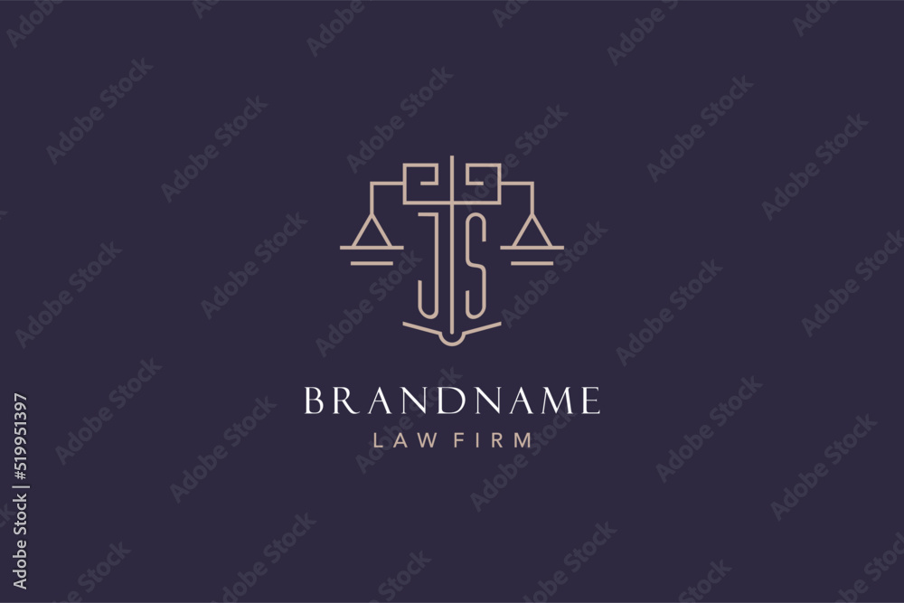 Initial letter JS logo with scale of justice logo design, luxury legal ...