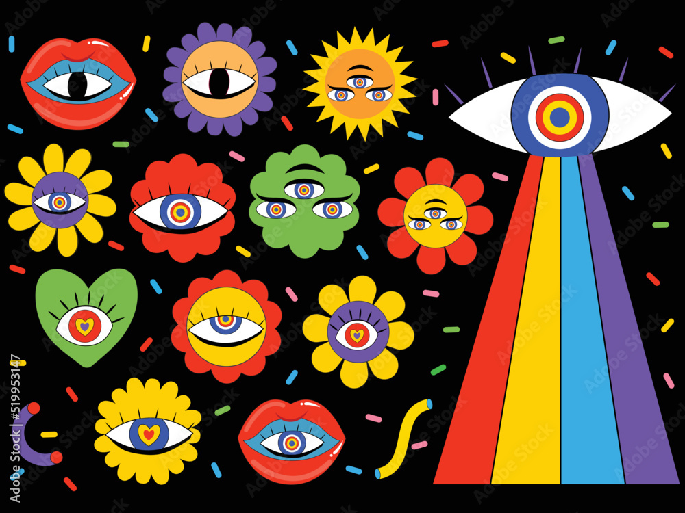 Funny cartoon sticker pack of eyes. Groovy eye pack in trendy retro ...
