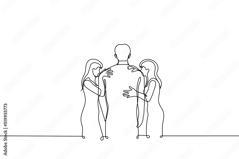 women stuck around the man from two sides - one line drawing. the ...