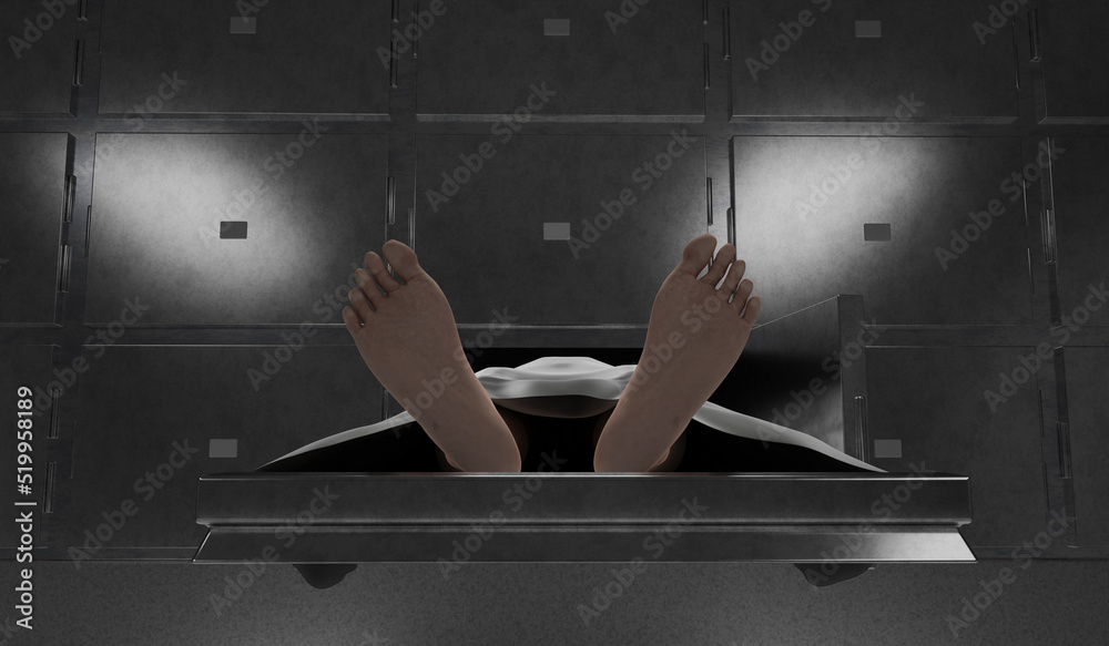 concept of pass away. mortuary room with corpse body and white fabric ...