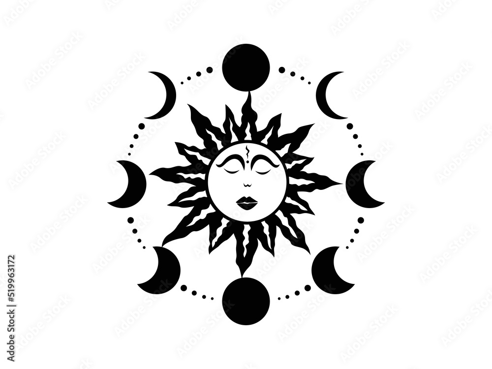 Sun and Moon Circle Icon Vector illustration. Mystical Sun with Face ...