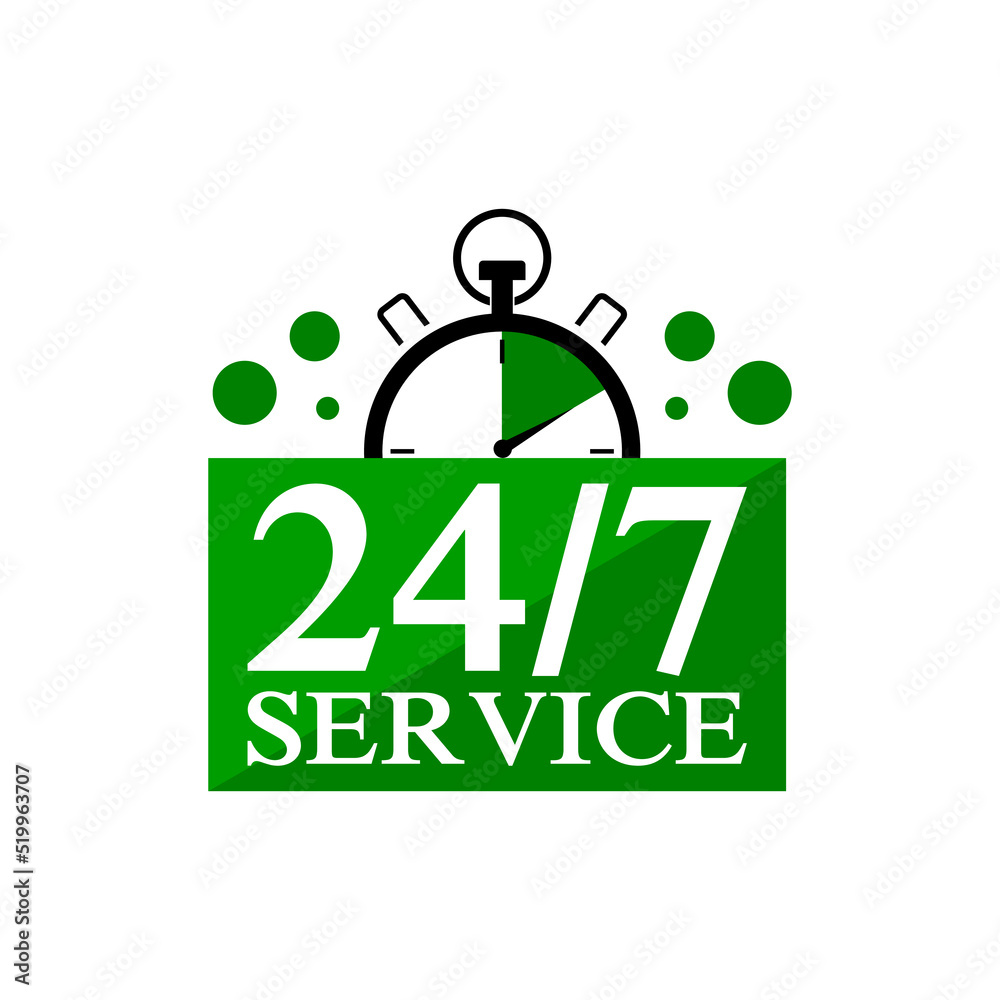 24 7 Service Icon. Banner 24 hours a day open. 24-7 open, concept with ...