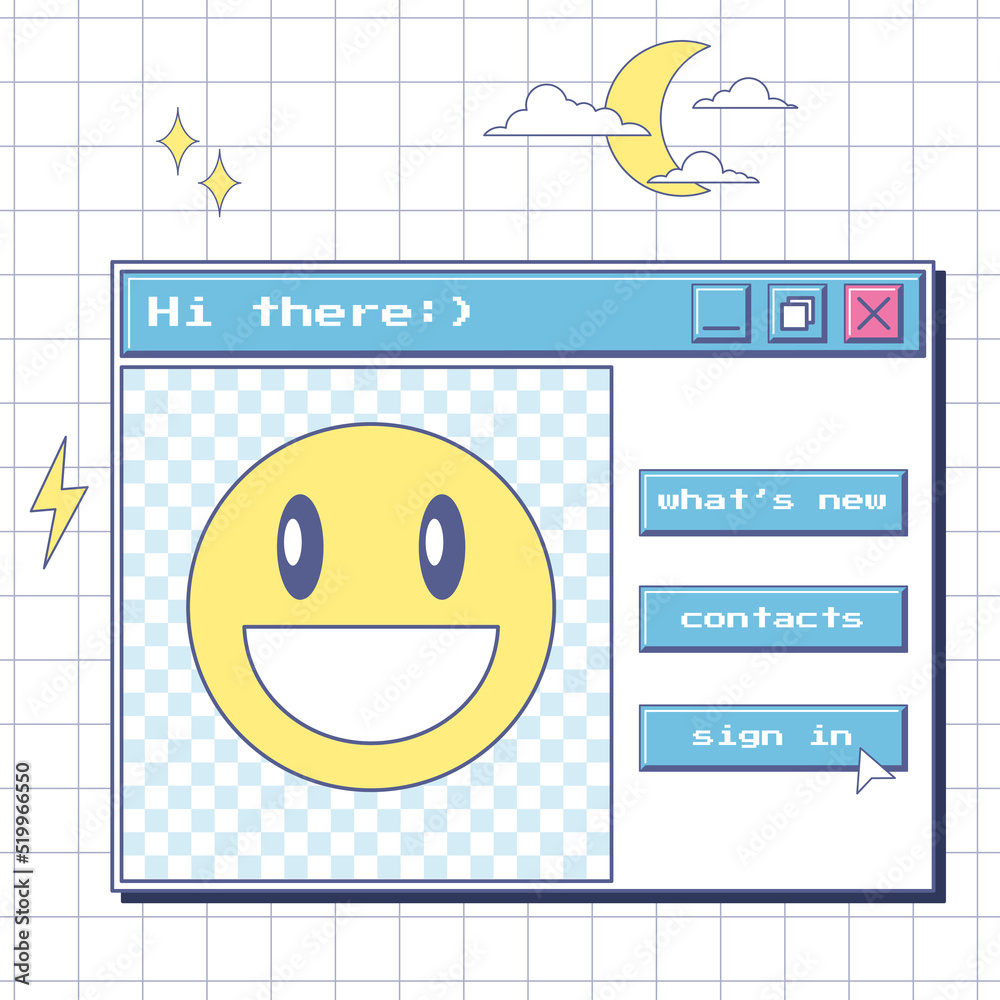 Welcome window with a smile and buttons. Aesthetics of the user ...