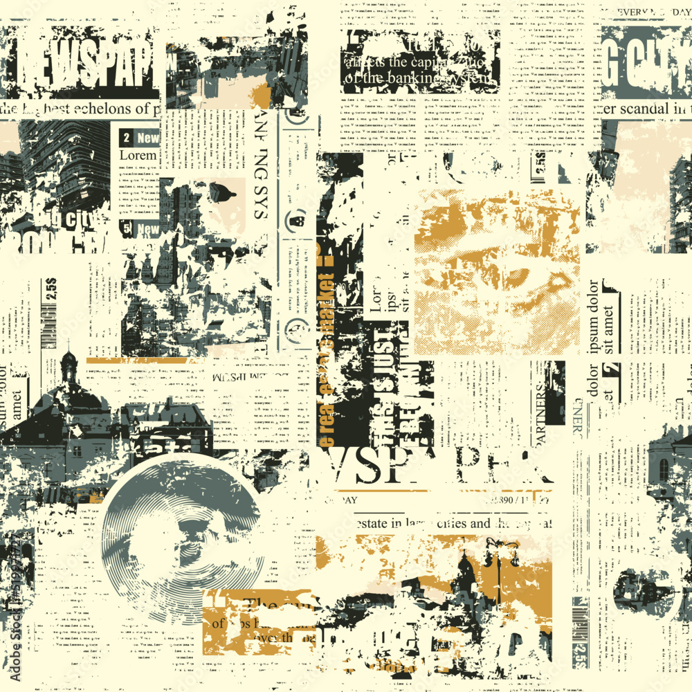 Seamless pattern in grunge style with magazine and newspaper fragments ...
