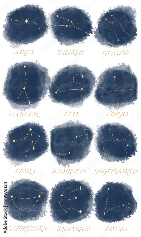 Astrology watercolor set of zodiac signs, constellations and stars on ...