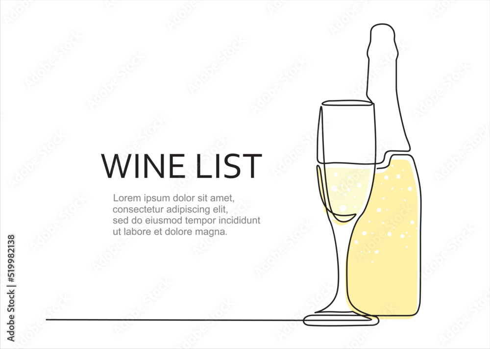 Wine list. one continuous drawn line of the bottle and a glass. Line art. a bottle of champagne ...