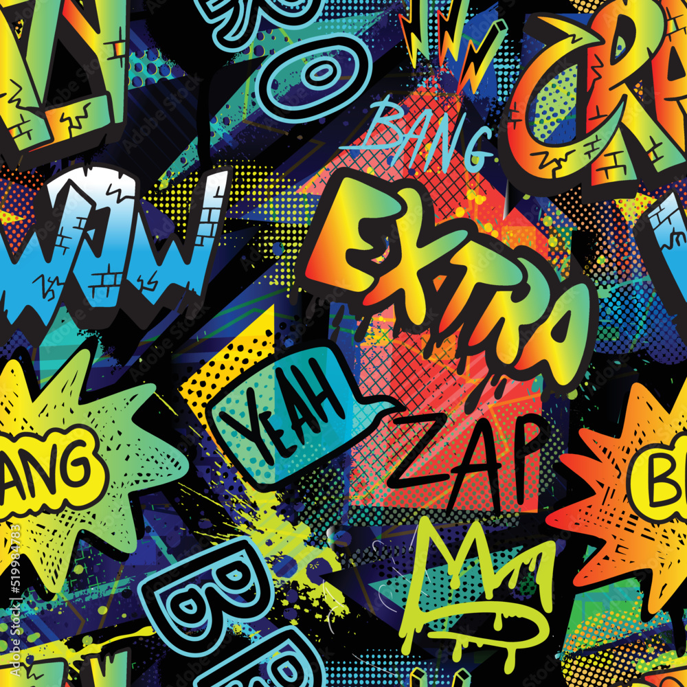 Abstract bright graffiti pattern. With bricks, paint drips, words in ...
