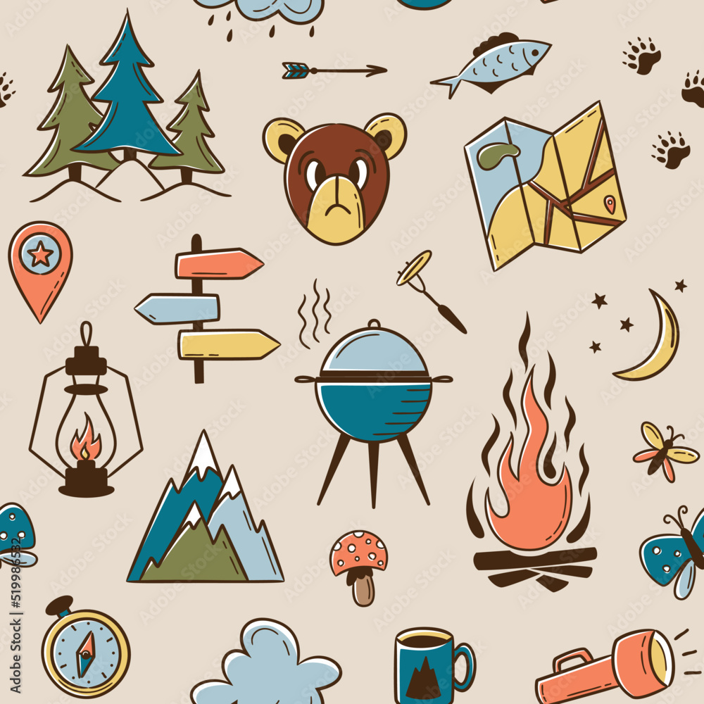 Seamless summer camp pattern, travel and overnight in the forest ...