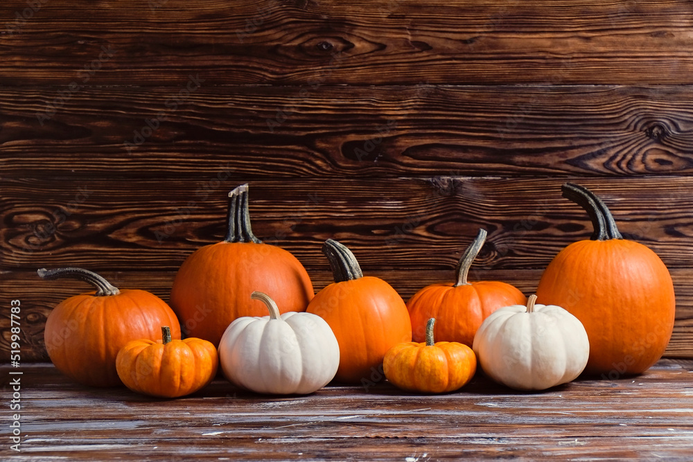 Bunch of decorative mini pumpkins of different kind, size and color on ...