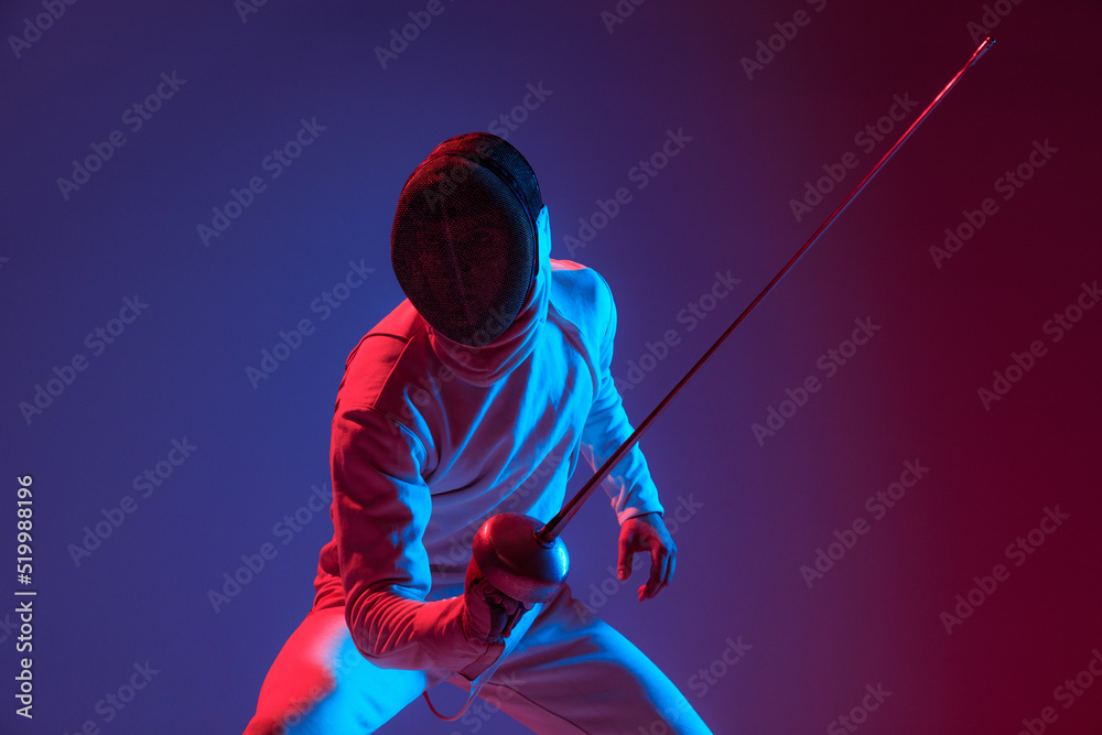 Poster Male fencer with smallsword practicing fencing isolated on ...