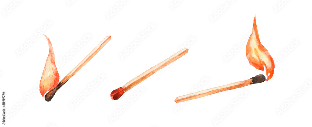 Watercolor illustration set of different matches. Ignite the fire ...