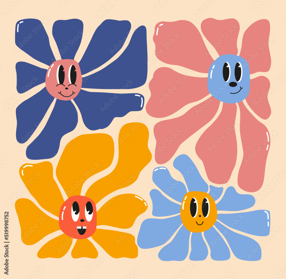 Doodle flowers with cartoon funny smiling faces, daisy retro characters ...