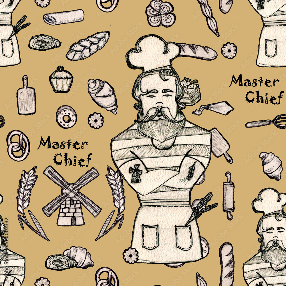 Vintage Bakery hand drawn doodle pattern with cook figurine bakery shop ...
