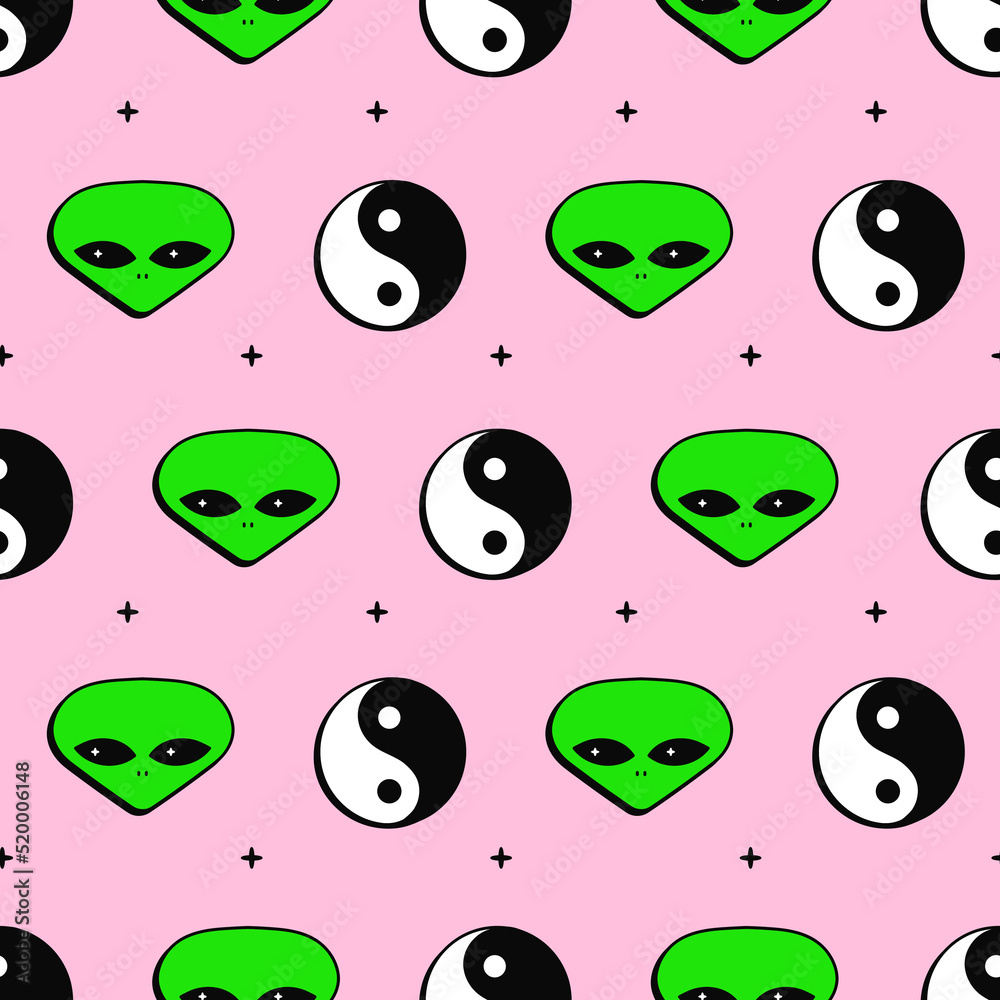 Yin Yang and alien face seamless pattern.Vector cartoon character ...