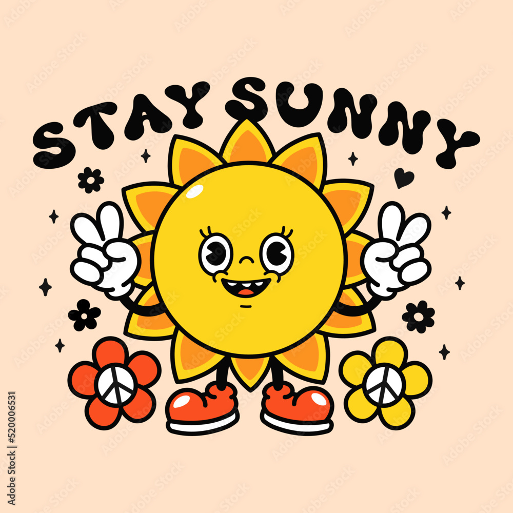 Cute funny sun t-shirt print design. Stay sunny slogan quote. Vector ...