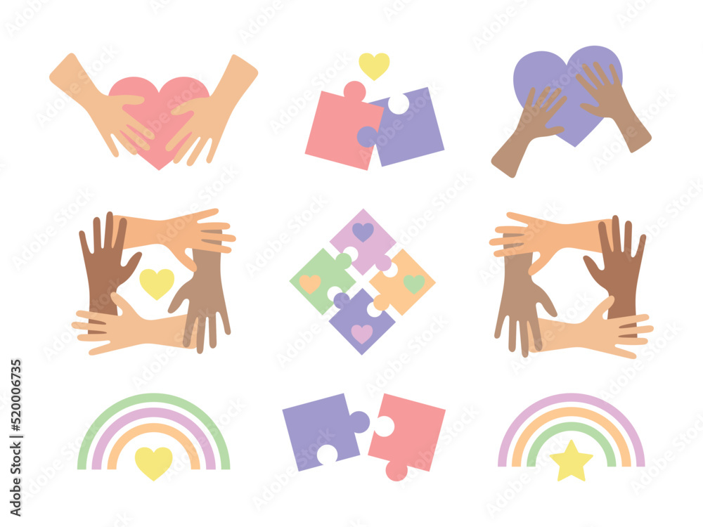 Set of signs and symbols of friendship - joined hands, hearts, puzzle ...