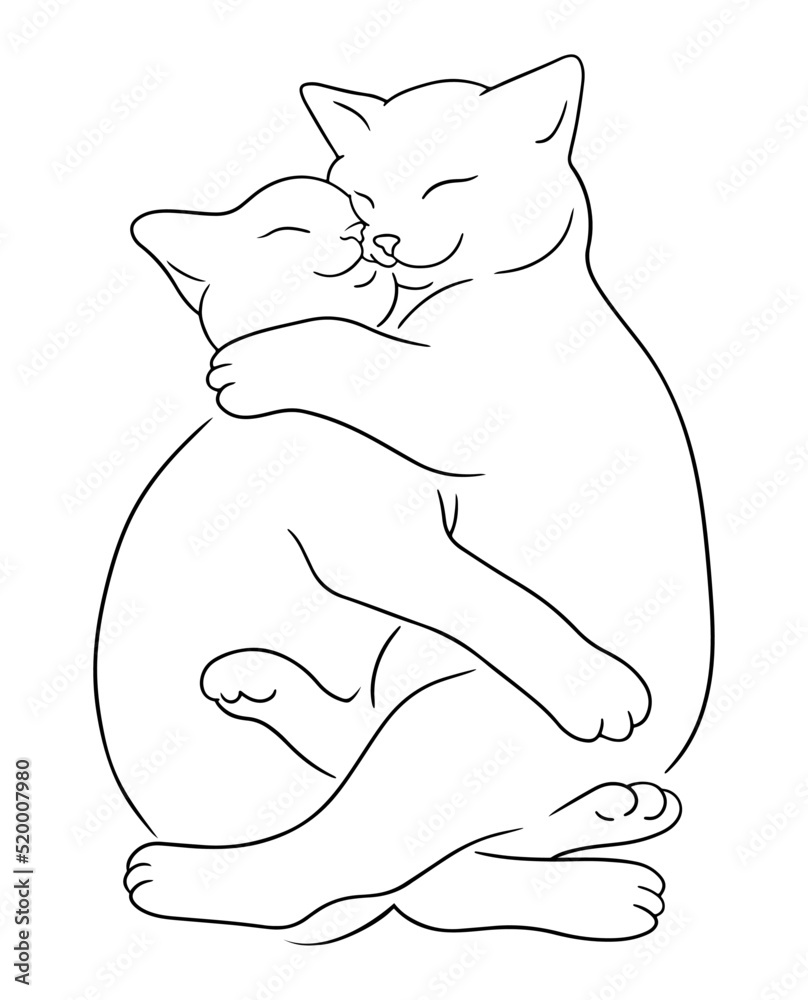 Two kittens cuddle and sleep together. Line art sketch of sleeping cats ...