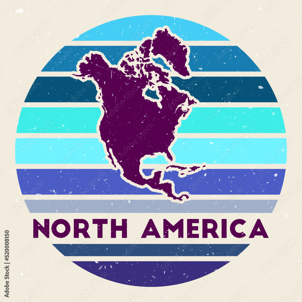 North America logo. Sign with the map of continent and colored stripes ...