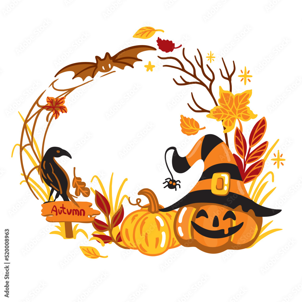 Halloween frame for your text. Autumn leaves, branches, pumpkins and ...