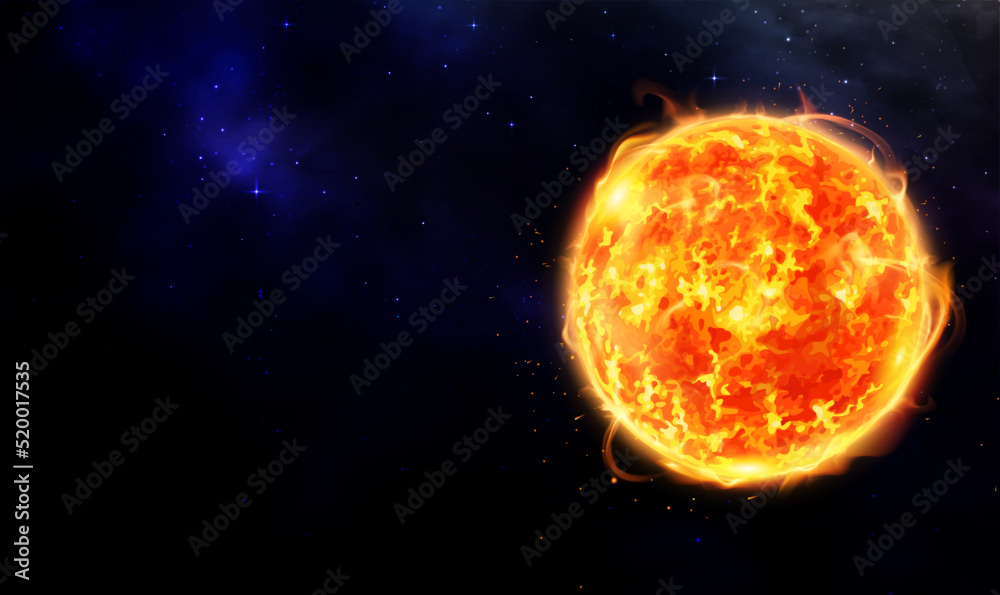 Sun surface with solar flares against dark galaxy starry sky. Vector ...