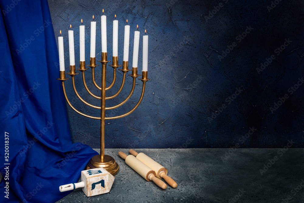 Jewish Hanukkah Menorah 9 Branch Candlestick, dreidel, Sefer Torah ...