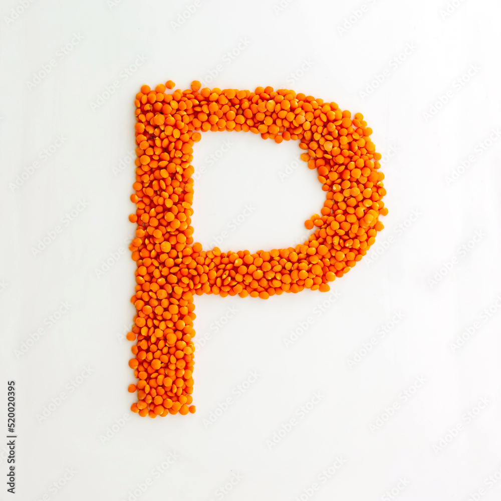 Capital letter P made from red lentils. Lentil font. White background ...