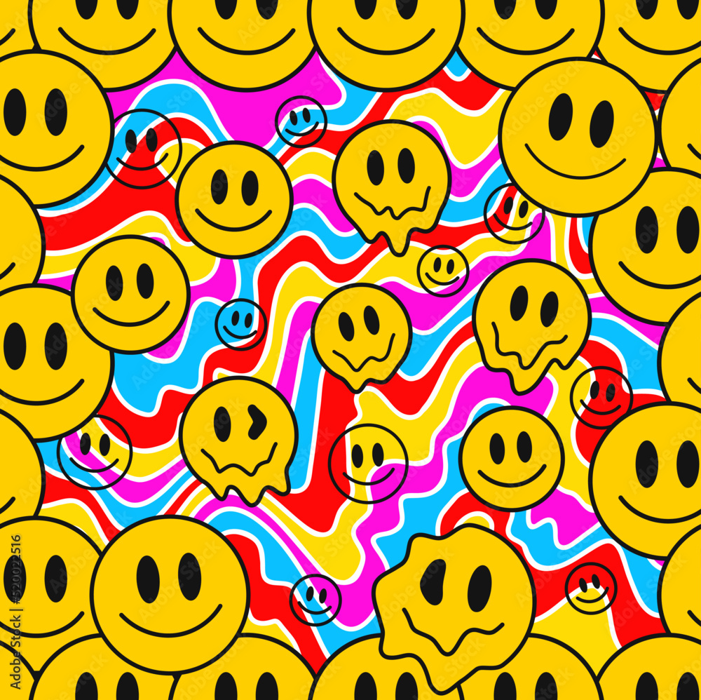 Psychedelic lines and melt smile face seamless pattern. Vector doodle ...