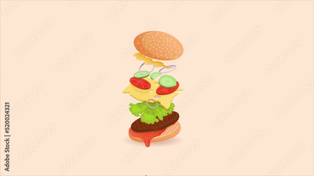 Burger delicious animation. 2D illustration of a hamburger with bun ...
