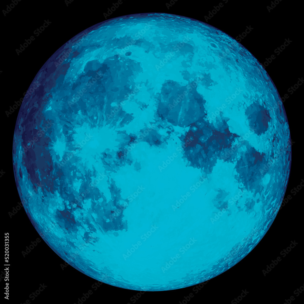 Full moon vector illustration isolated on black background. Turquoise ...