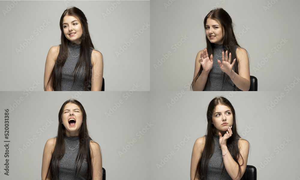Set of young woman's portraits with different happy and sad emotions ...