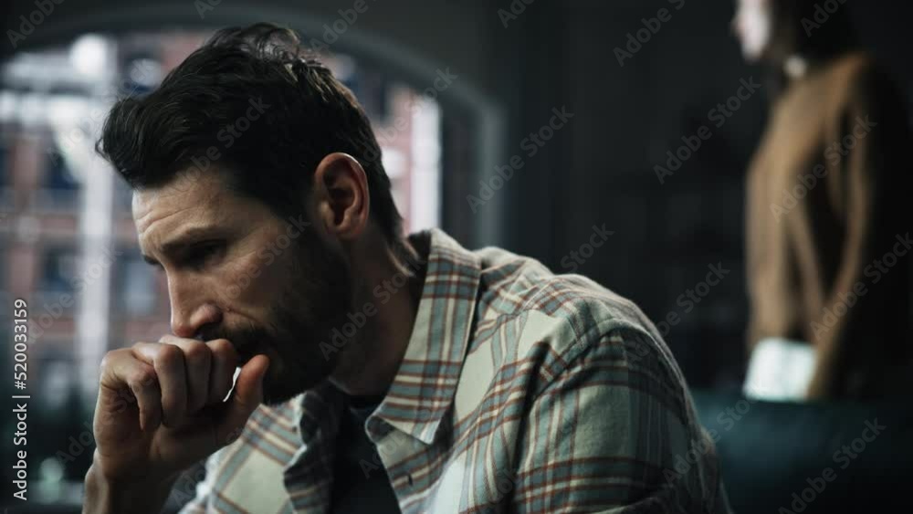 Portrait of Fragile Crying Man being Harrased and Bullied by Partner. Couple Arguing and ...